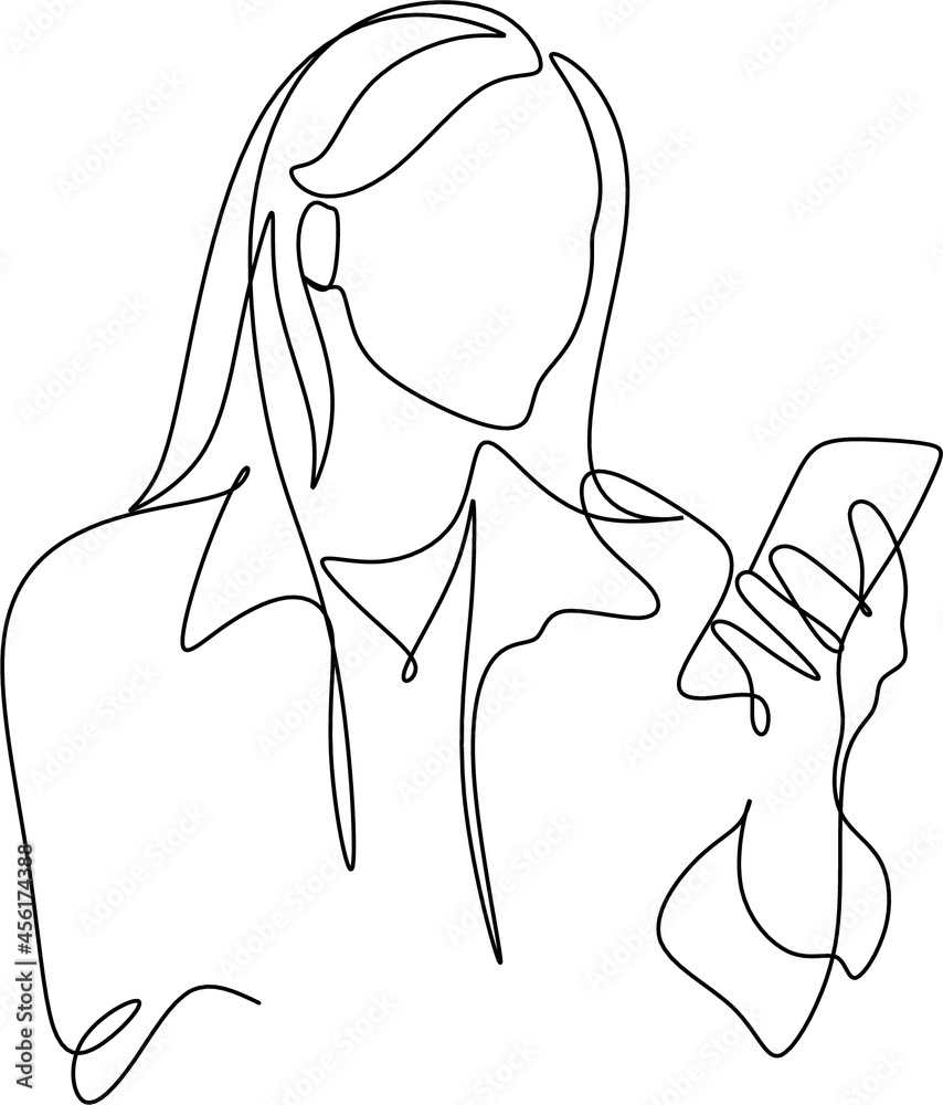 One line art drawing of woman or man touch the screen of smartphone ...