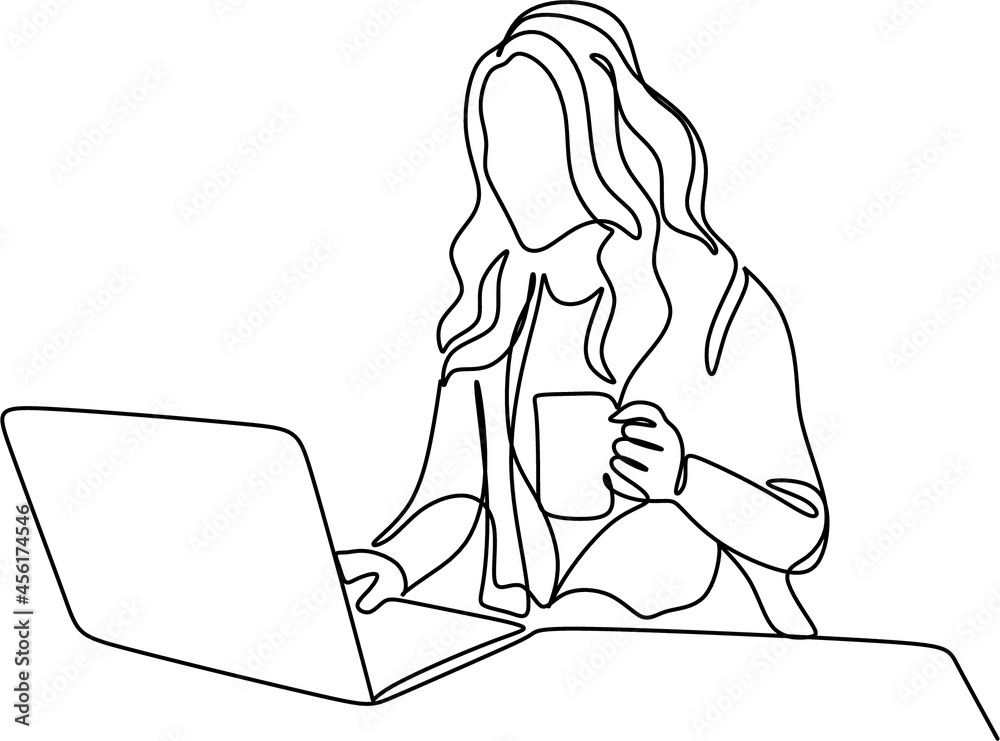 one line drawing of a woman sitting with laptop computer. Young female ...