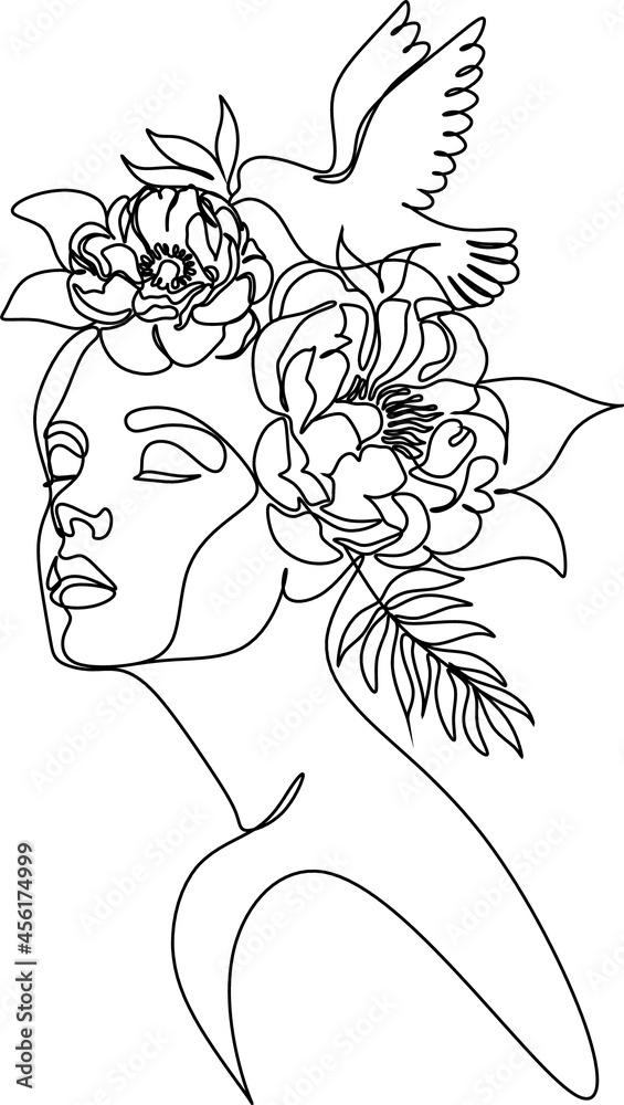 Flower face woman line drawing. Modern continuous line art. Women line ...