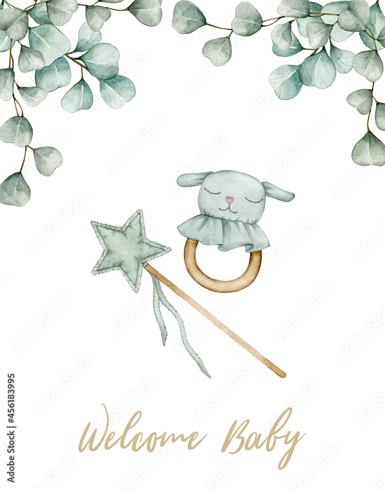 Watercolor illustration card welcome baby with toy, star and eucalyptus ...