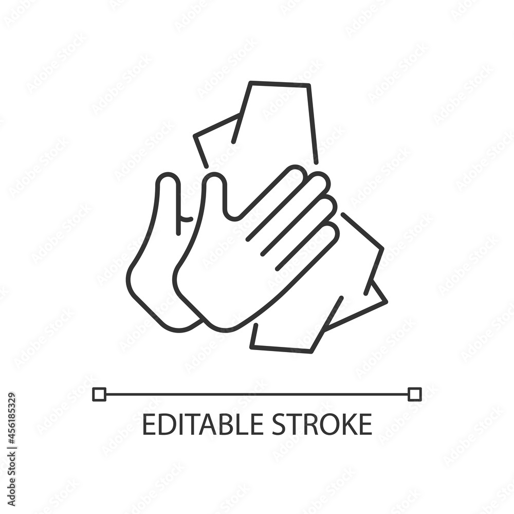 Dry hands with tissue linear icon. Wiping off dirt and germs from palms ...