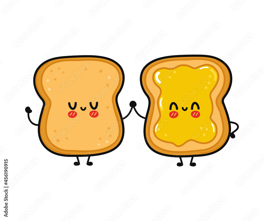 Cute, funny happy toast and toast with honey character. Vector hand ...