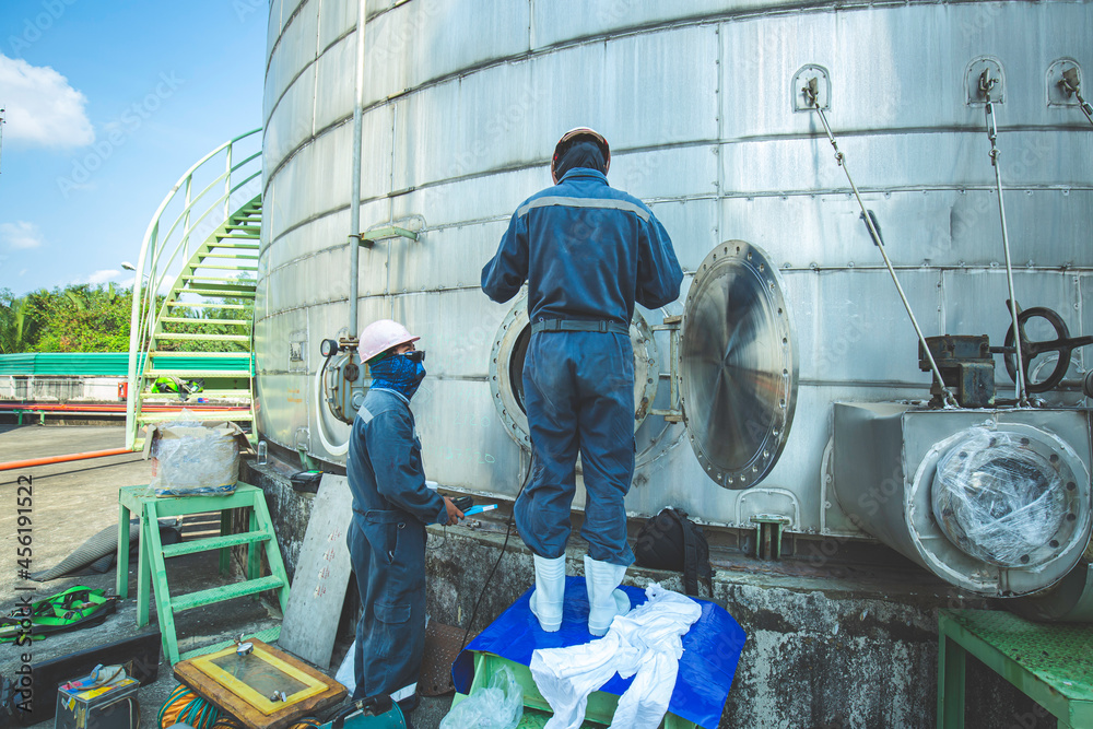 Male into the manhole tank stainless chemical area confined space Stock ...