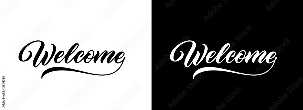 Calligraphic handwritten word Welcome isolated on black and white ...