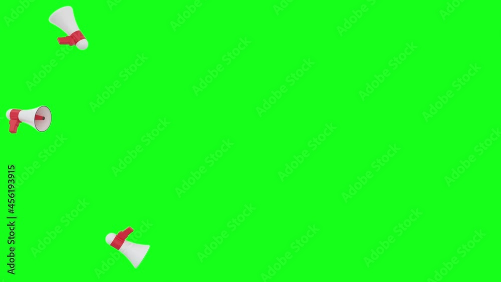 Megaphones background. Loudspeakers falling on green screen or chroma ...
