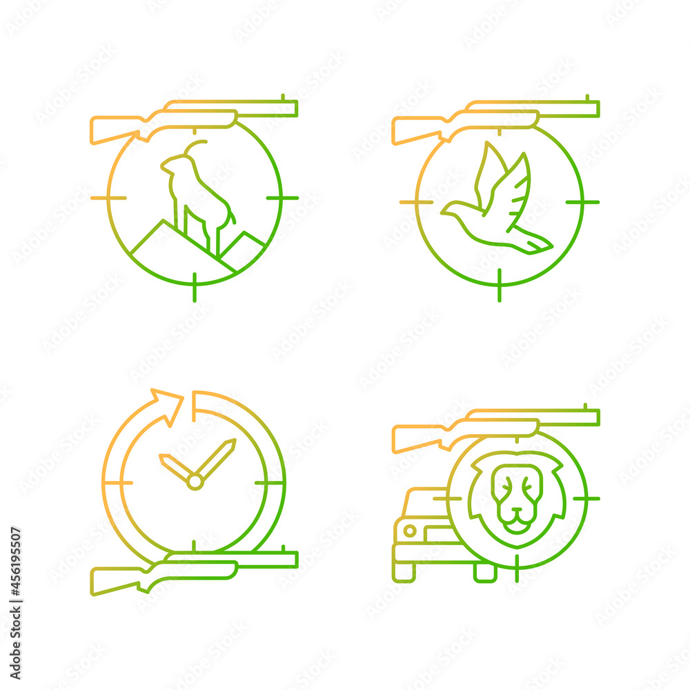 Hunting types gradient linear vector icons set. Mountain hunting. Pigeon shooting. Day and night ...