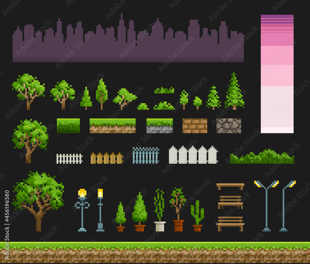 Pixel art urban landscape silhouette with park element and city objects ...
