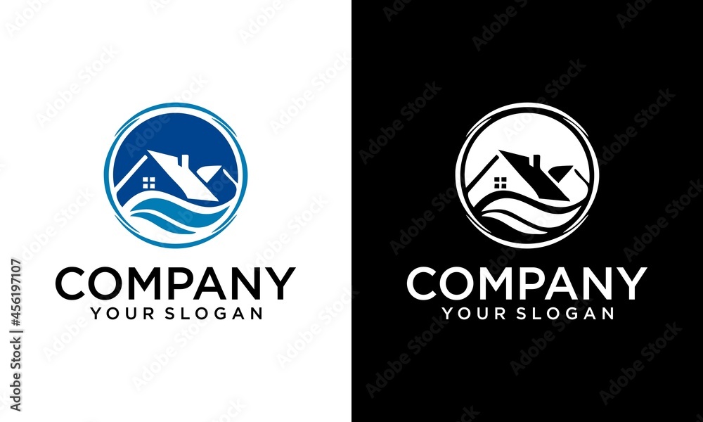 Creative house in circle shape with ocean wave icon logo design vector ...