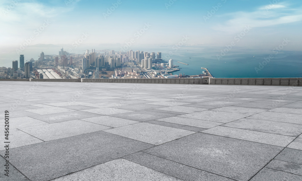 Square floor tiles and city buildings background foto de Stock | Adobe ...