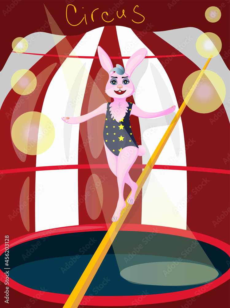 Cartoon character bunny in the circus. A tightrope walker in a circus ...
