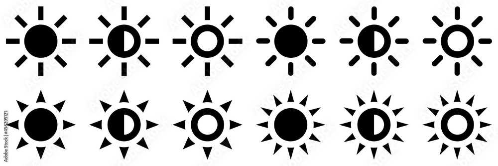 Set of brightness control vector icons. Brightness contrast signs. Sun ...