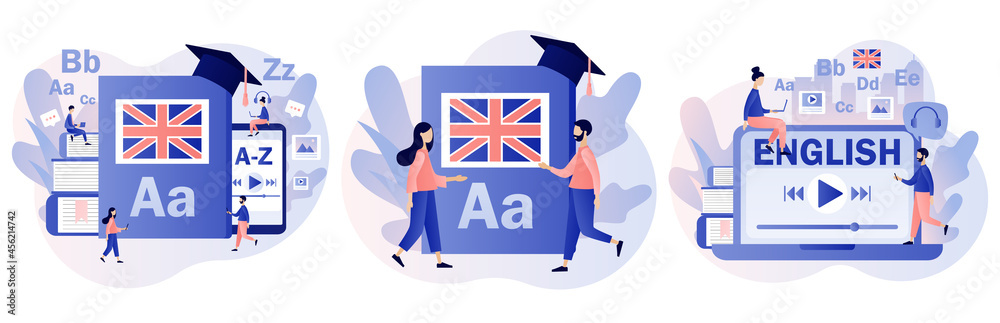 Language courses or school online. Tiny people learning English with ...