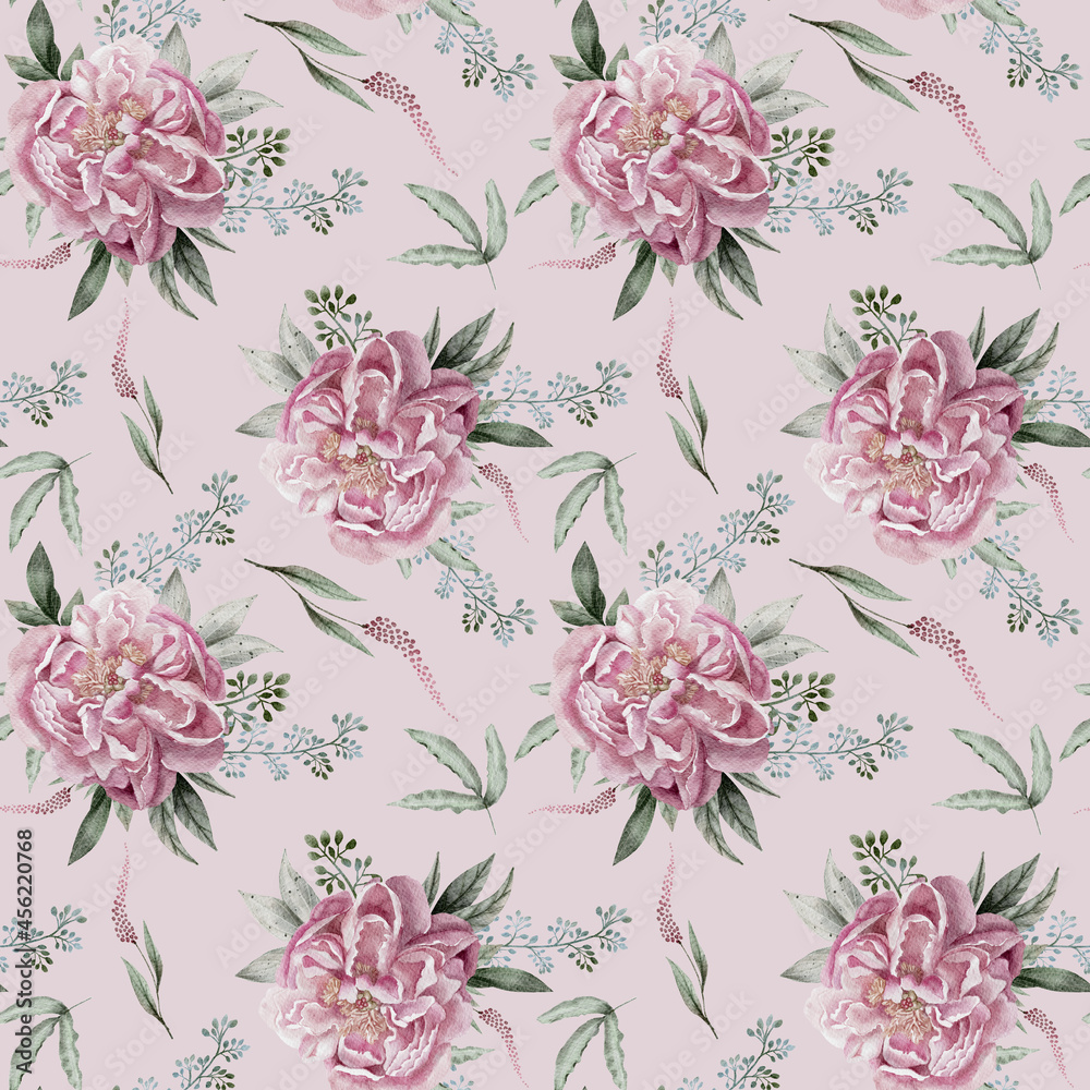 Watercolor pink roses pattern, hand drawn botanical tiled texture ...