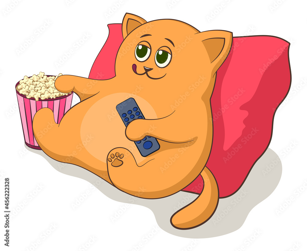 Cartoon Cat Televiewer with Popcorn and Remote Control From the TV ...