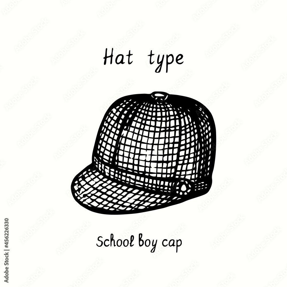 Hat type, School boy cap. Ink black and white drawing outline ...