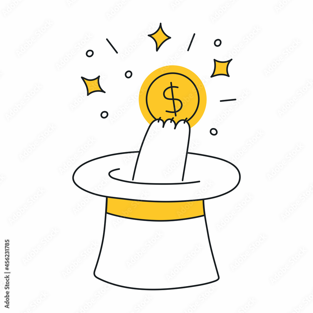 Magic hat and cat's hand with a gold dollar coin. Circus magician ...