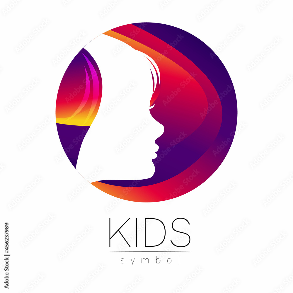 Child Girl Vector logotype in violet circle. Silhouette profile human ...