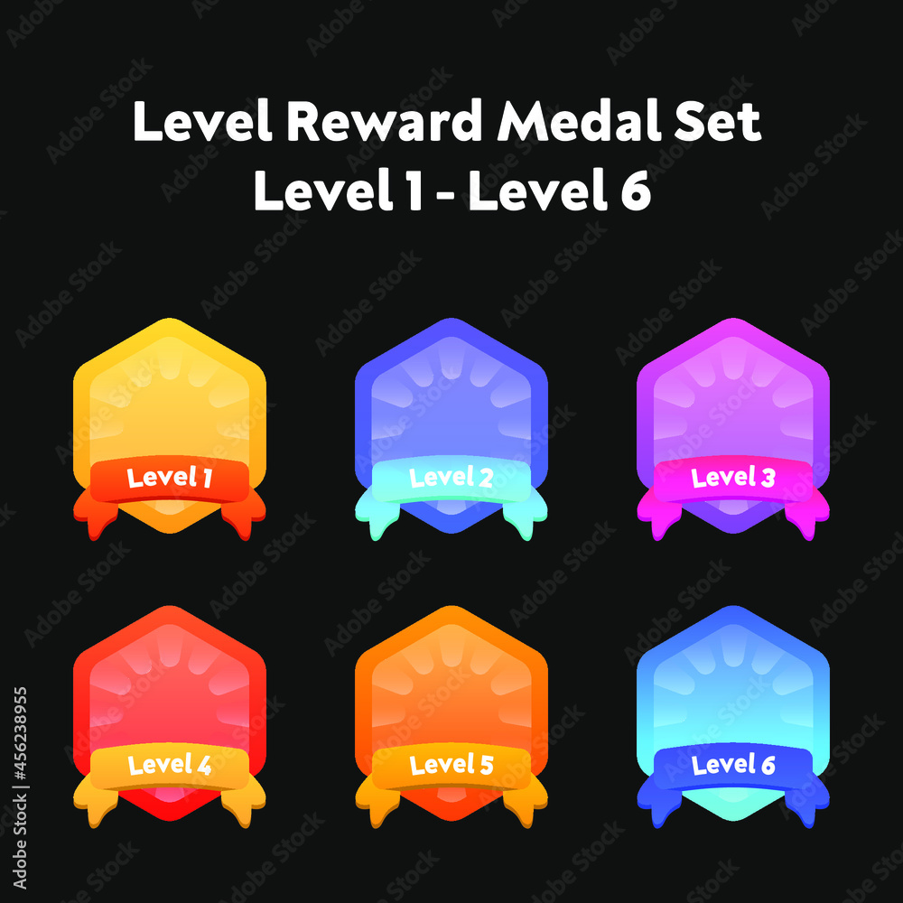Level up ui game icons, casino bonus vector stars, golden labels with award ribbons. Medal for ...