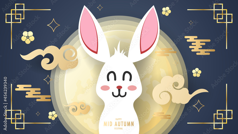 Moon rabbit in Mid Autumn festival background, full moon with golden ...