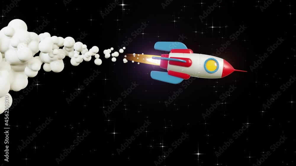 Rocket 3d with exhaust smoke flying in the space. Cartoon rocket boost ...
