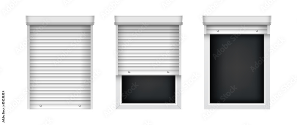 Set of plastic windows with blinds. Realistic roller shutters for glass ...