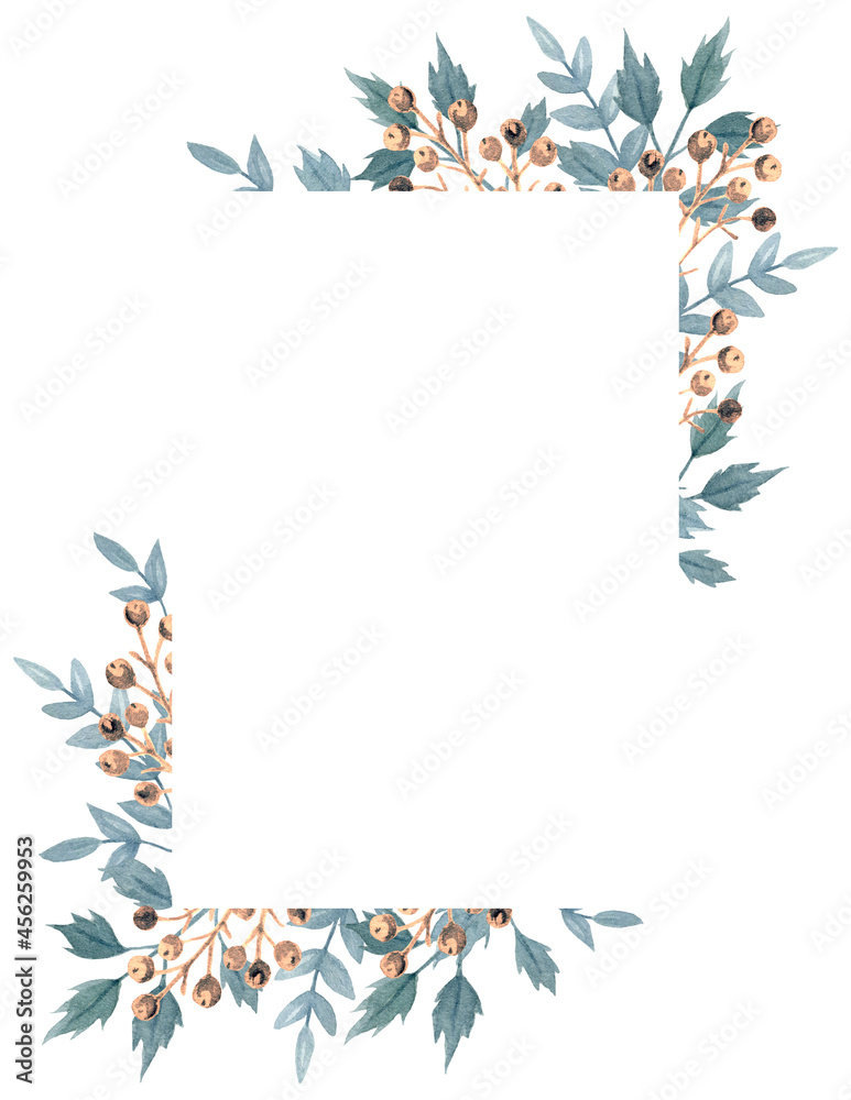 Hand drawn watercolor painting with greenery frame composed of green ...