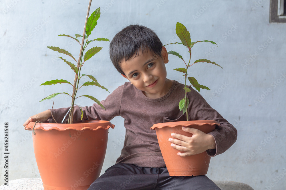 A happy boy enjoy with his Kratom tree seedlings. .A cute boy sat ...