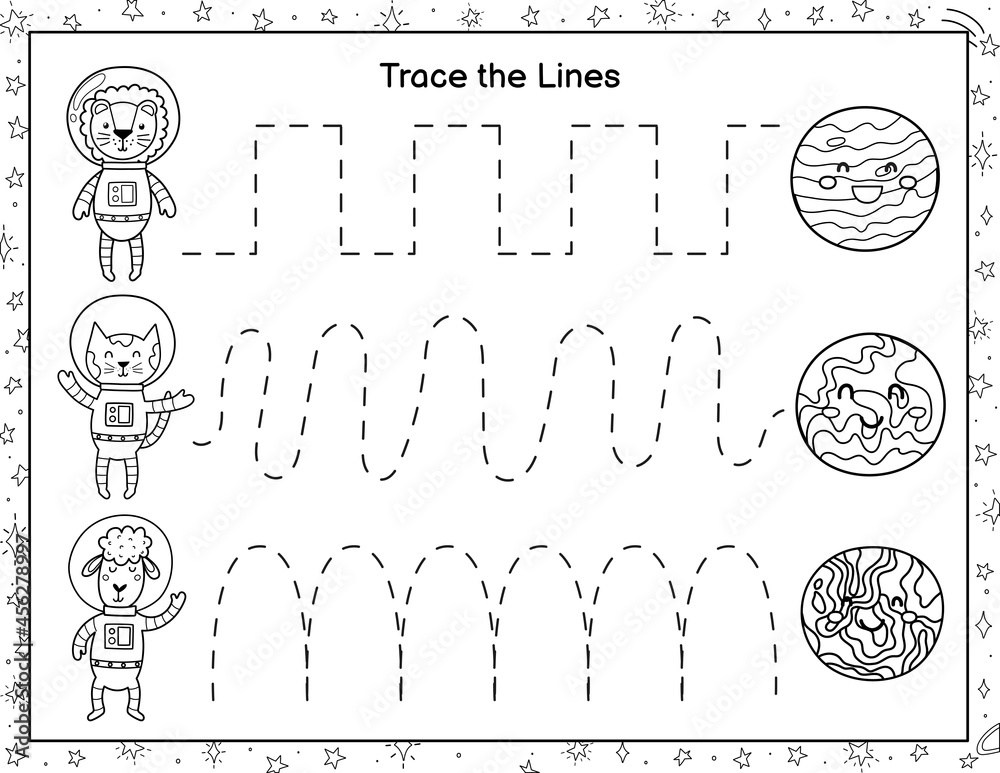Trace lines from cute animals astronauts to the planets. Black and ...