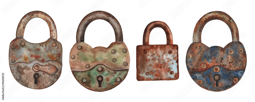 Watercolor collection of rusty locks in vintage style isolated on white ...