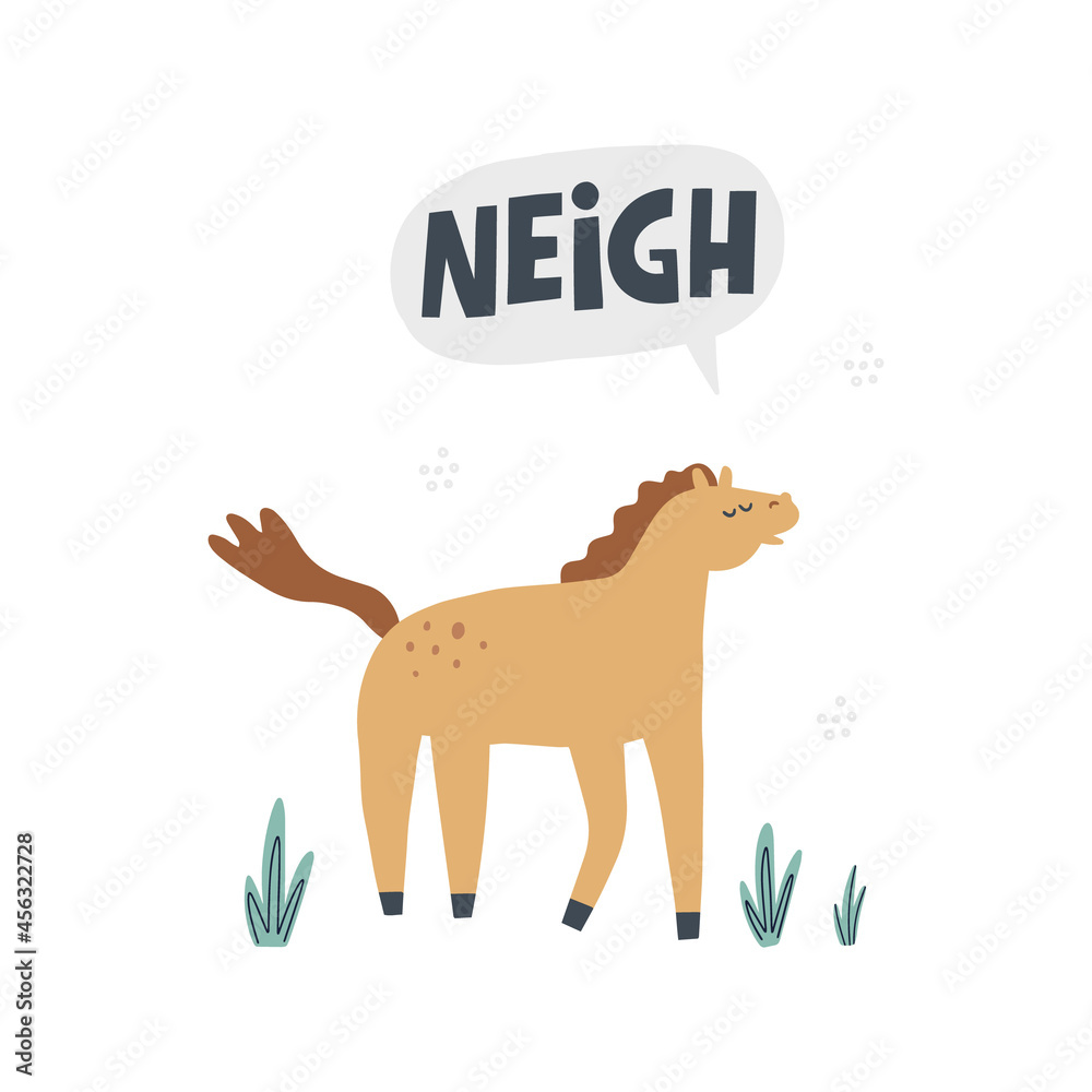 Horse says neigh. Hand drawn vector illustration with lettering in ...
