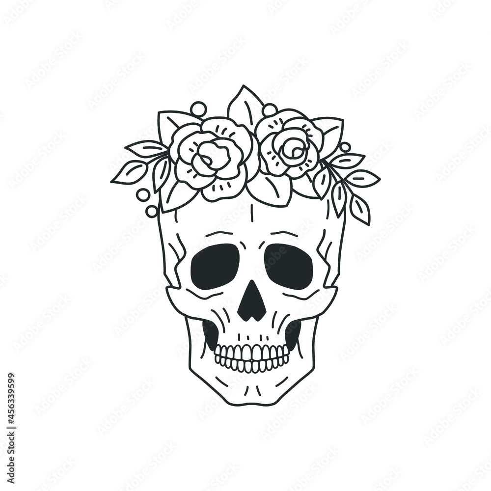 Skull decorated with a wreath of roses. Line drawing. Vector ...