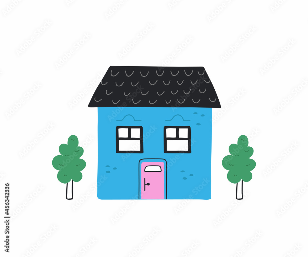 Cute hand drawn small blue house and two trees. Trendy illustration in ...