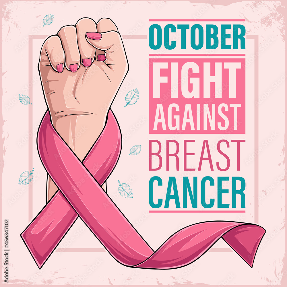 Breast cancer awareness month poster with woman hand and pink ribbon ...