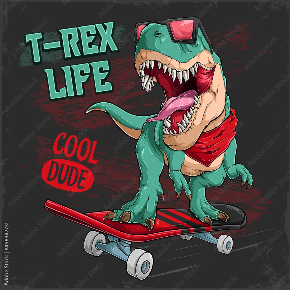 Cool T Rex dinosaur riding on red skateboard, funny dinosaur ...