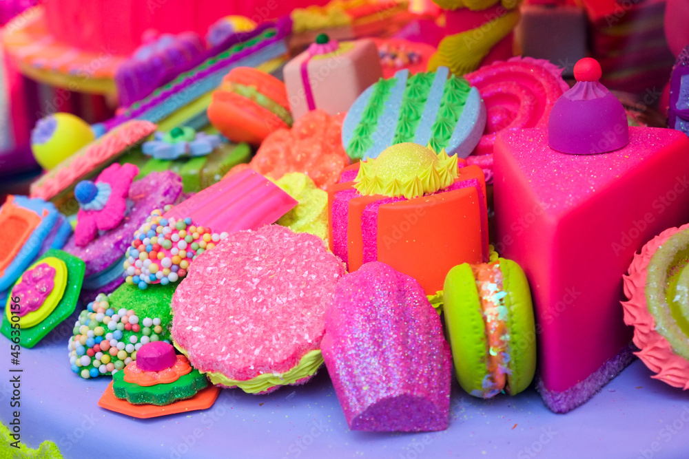 Bright colored holiday dessert window display in New York City Stock ...