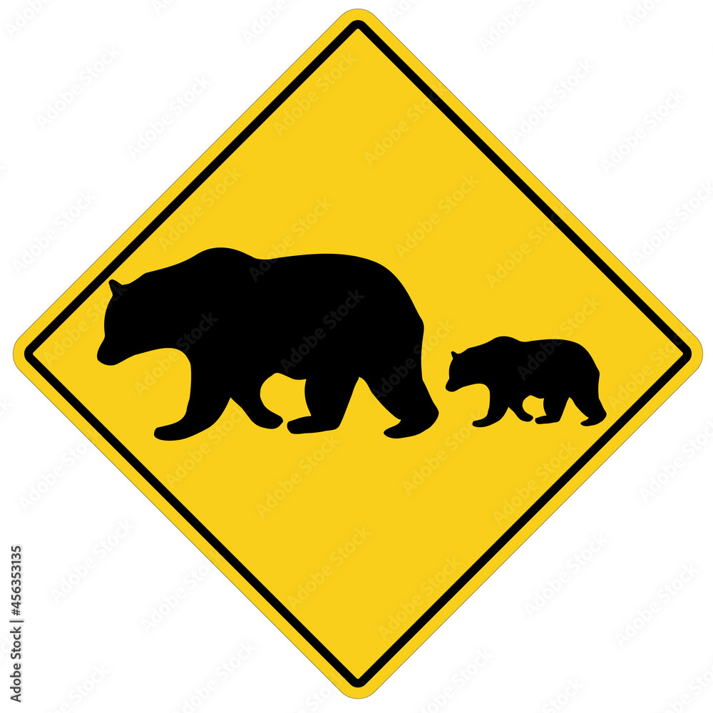 Bear Crossing on white background. yellow road sign attention animal ...