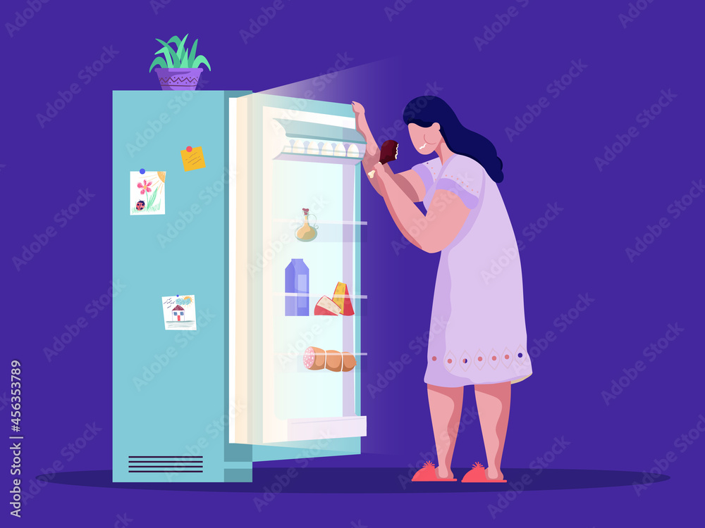 Woman standing and eating in front of opened fridge at night. Stress ...