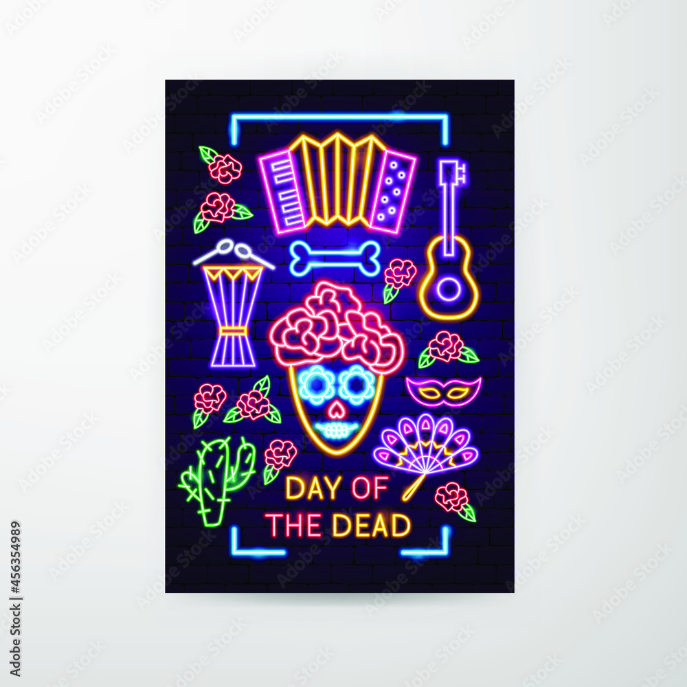 Day of the Dead Holiday Neon Flyer. Vector Illustration of Dia De Los ...