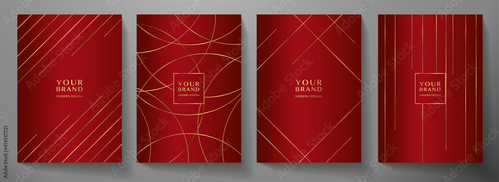 Contemporary red cover design set. Luxury dynamic gold circle, line ...
