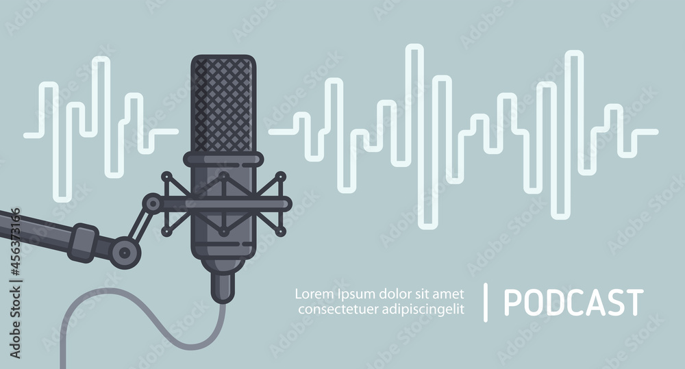 Radio podcast or recording studio microphone with audio wave design ...