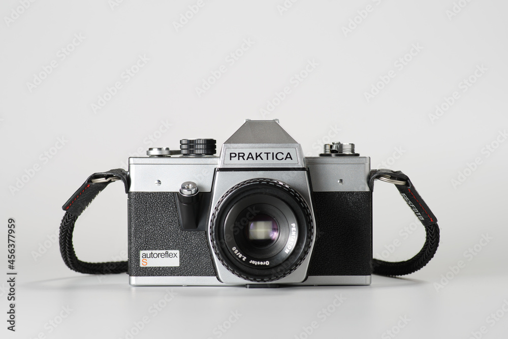 Front view of a Black and gray colored Praktica Analog camera with a ...