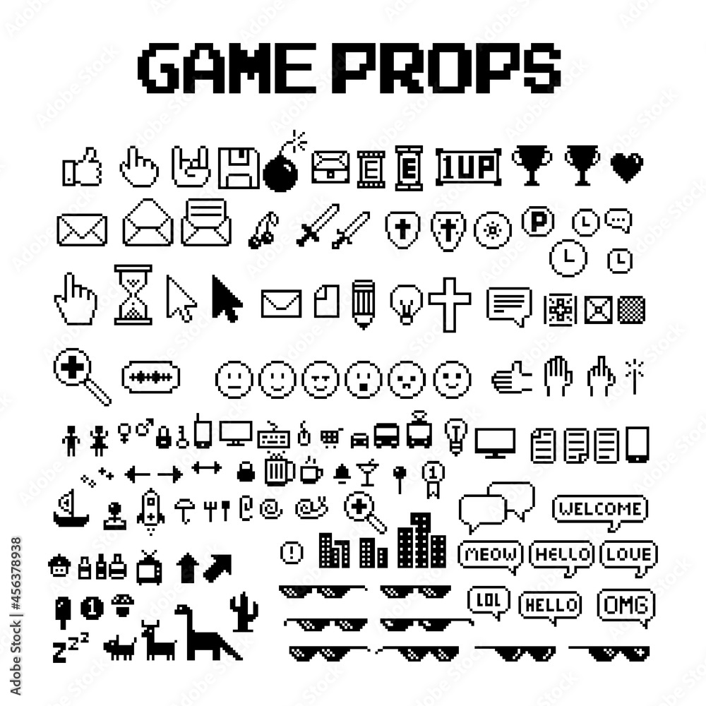 Set of 8-bit pixel graphics icons. Isolated vector illustration. Game ...