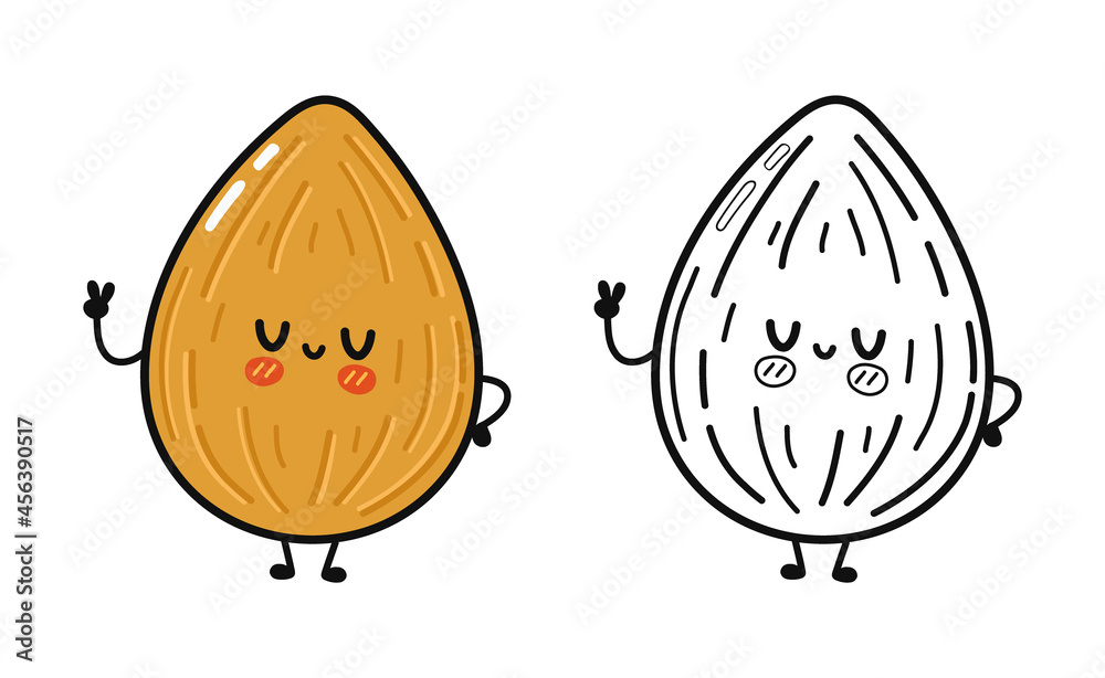 Funny cute happy almond characters bundle set. Vector kawaii line ...
