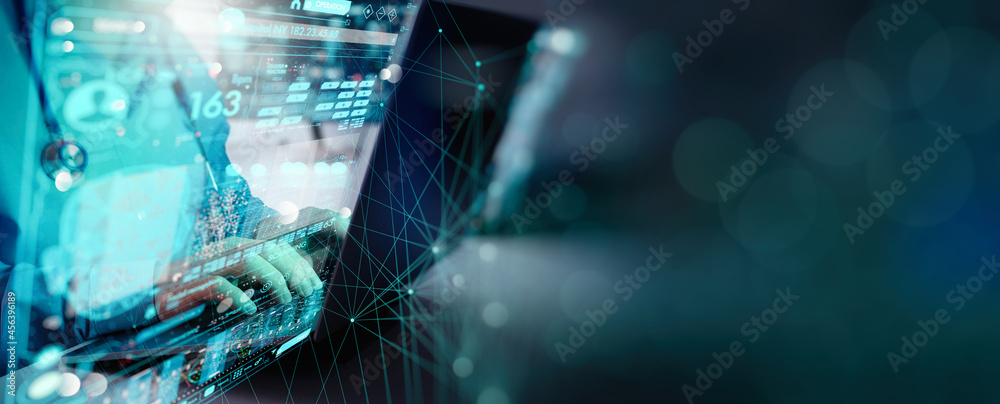 Medicine doctor working laptop computer for medical record of patient ...