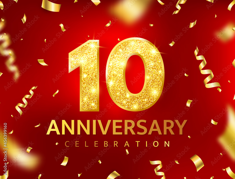 Anniversary 10 year card. Golden confetti ribbon red banner. Luxury ...