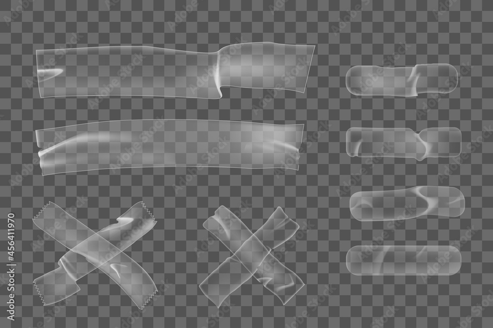 Realistic plastic adhesive wrinkled tape pieces on transparent ...