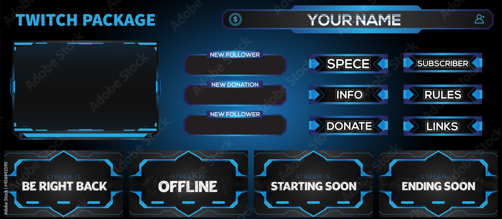 Vetor do Stock: Blue Live Stream Gamer facecam, overlay, alert, panal ...