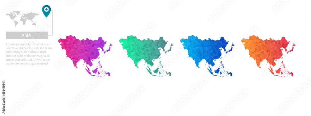 Set of vector polygonal Asia maps. Bright gradient map of country in ...