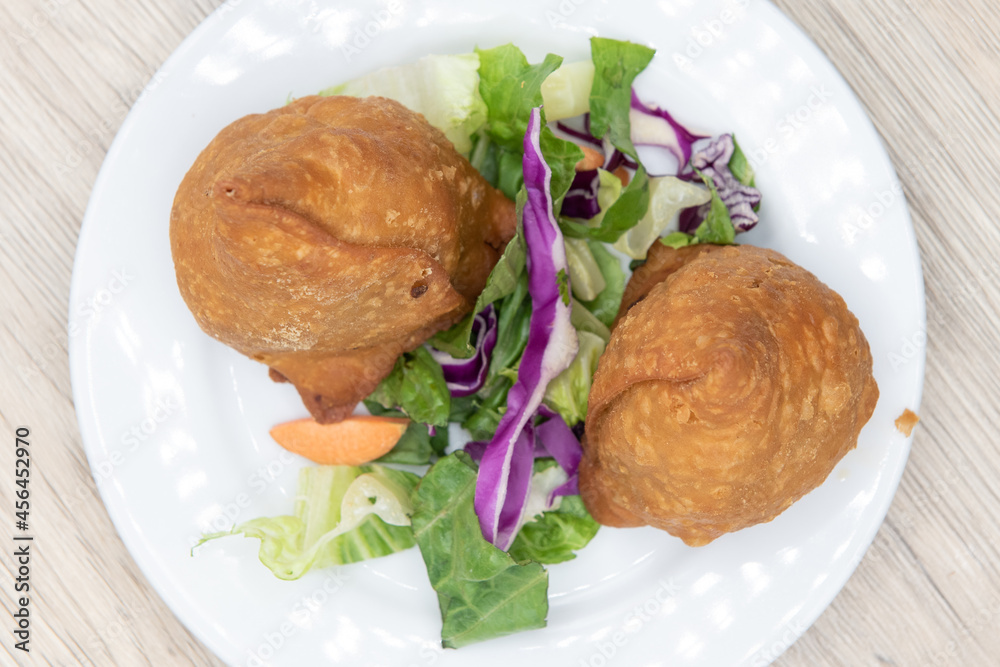 Overhead view of deep fried appetizer samosa potato from Indian ...