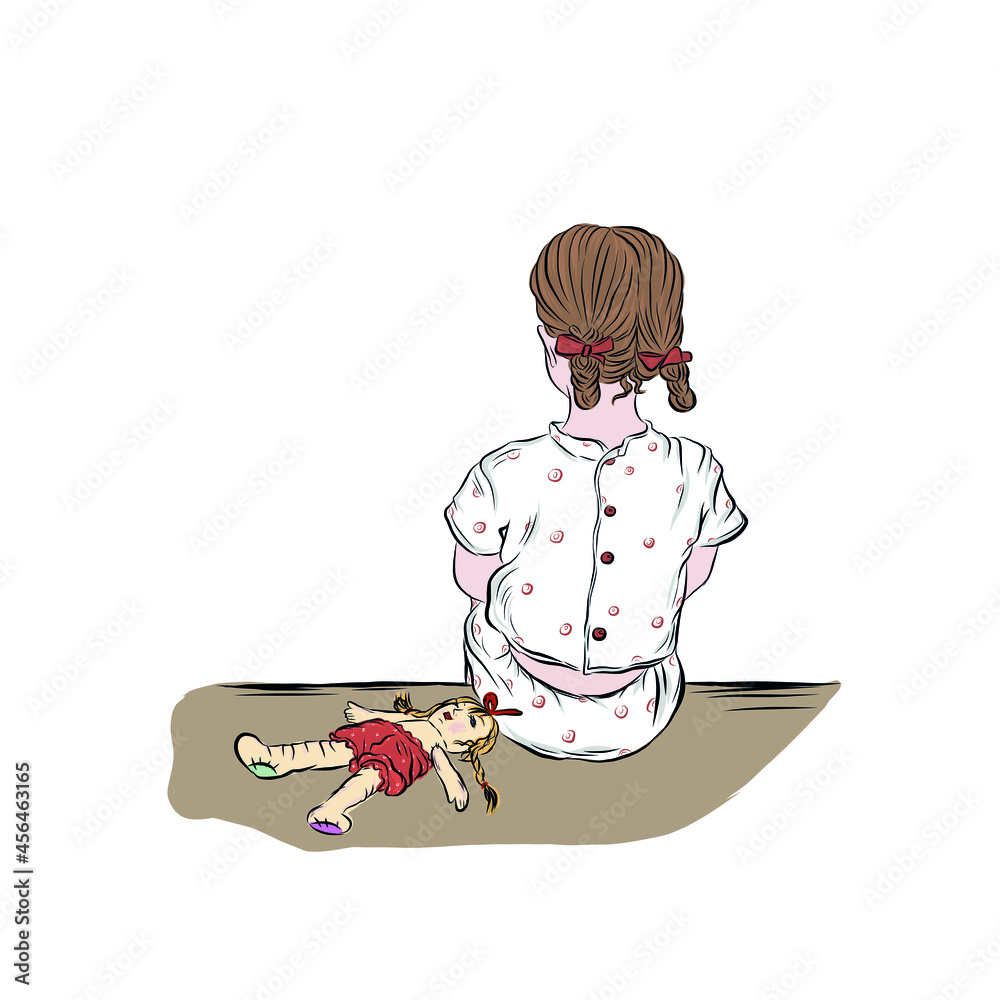 Girl sitting with her back with a doll. Hand drawn vector clip art ...